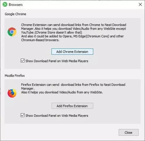 Mga add-on ng browser ng Neat Download Manager