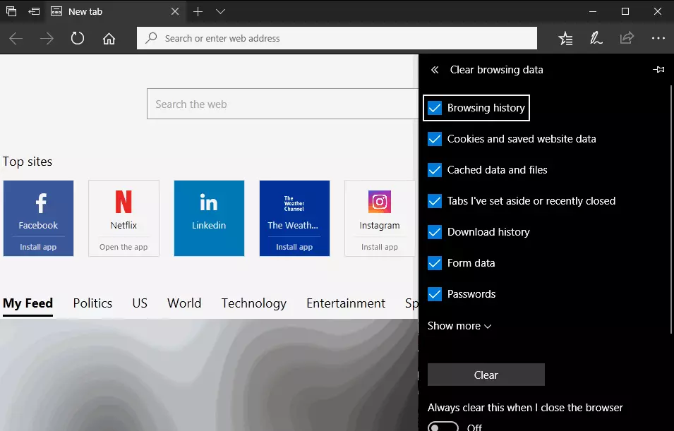 ឃ្លាំងសម្ងាត់ Microsoft edge