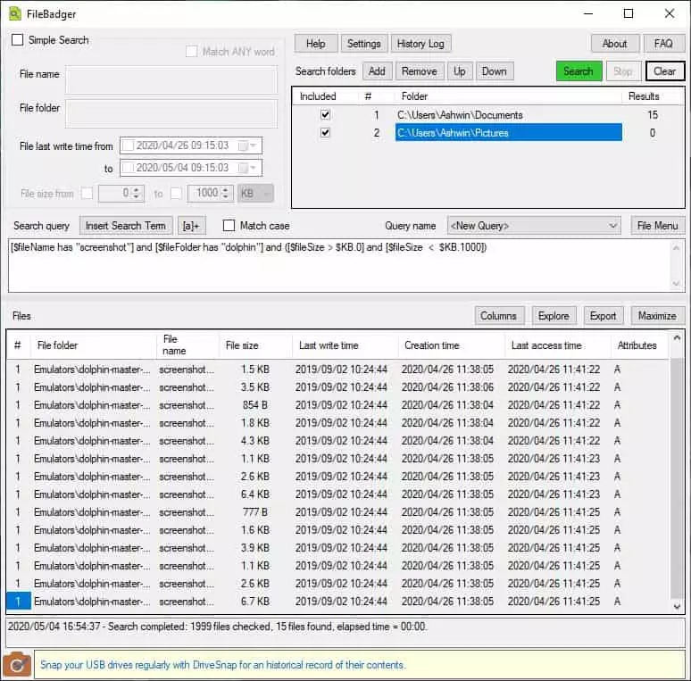 FileBadger Custom pilarian query