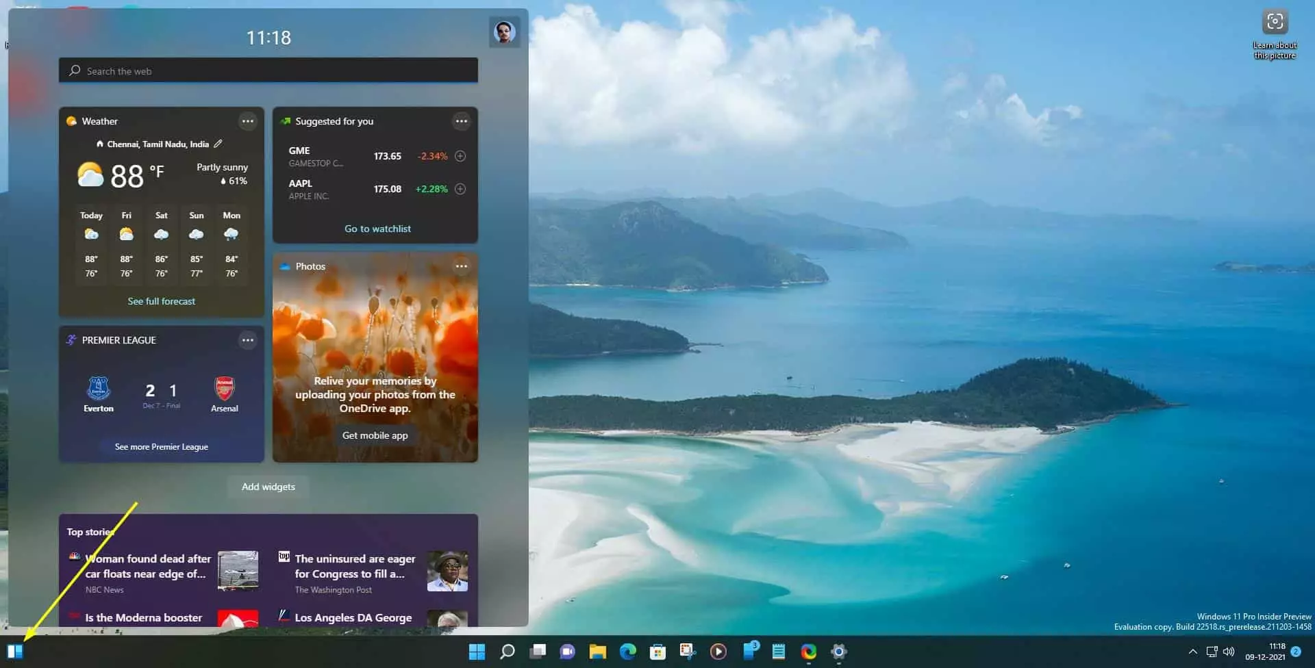 Windows 11 Insider Preview Build 22518 posisi tombol widget baru