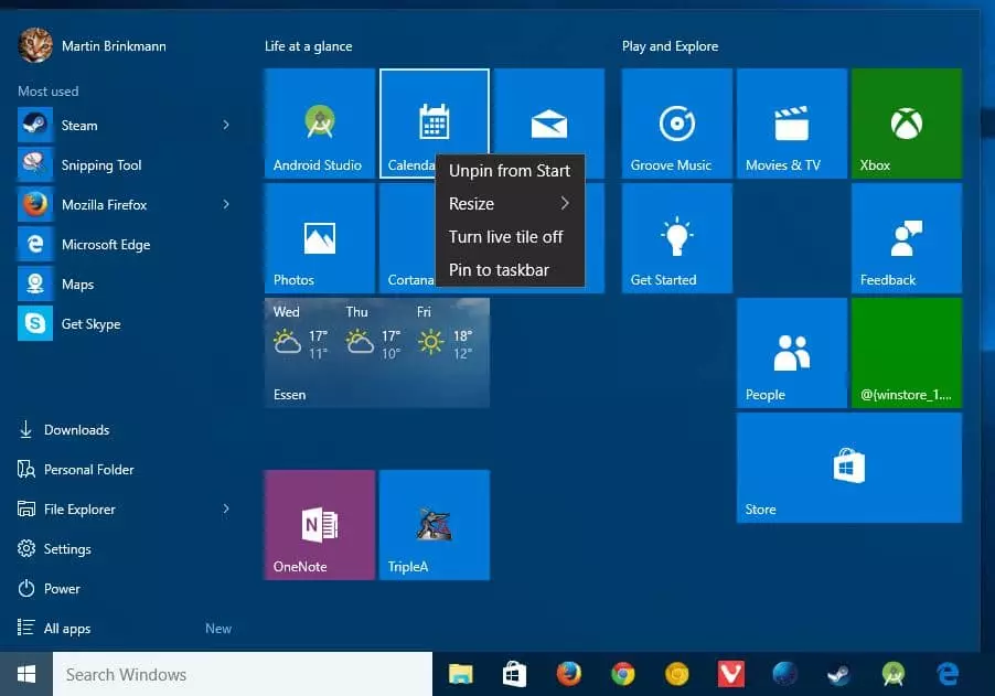Windows 10 menuya destpêkê jêbirin
