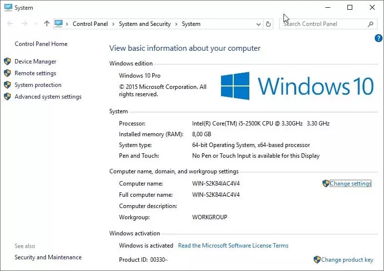 Windows 10 제어판 시스템 활성화