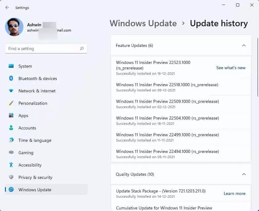 Aggiornamenti di disinstallazione di Windows 11