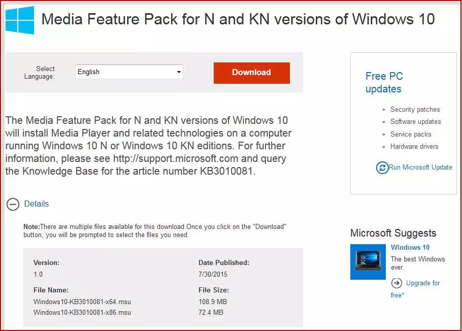paket medijskih značajki Windows 10