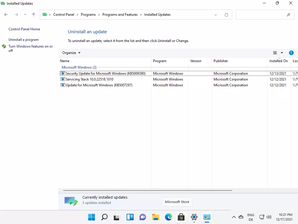 Windows 11-beheerpaneel geïnstalleerde opdaterings