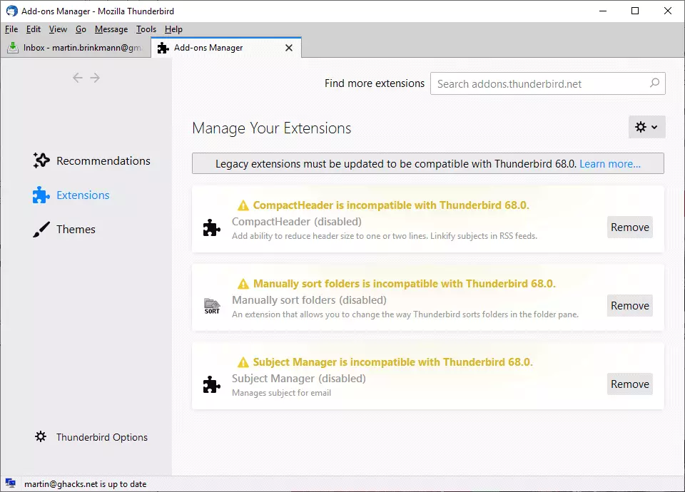 thunderbird 68.0 bővítmények letiltva