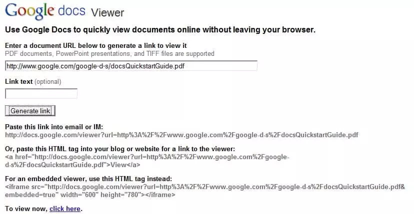 Google Docs көрүүчүнүн шилтемеси