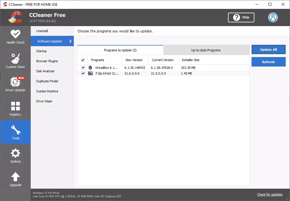 ccleaner softwareopdatering