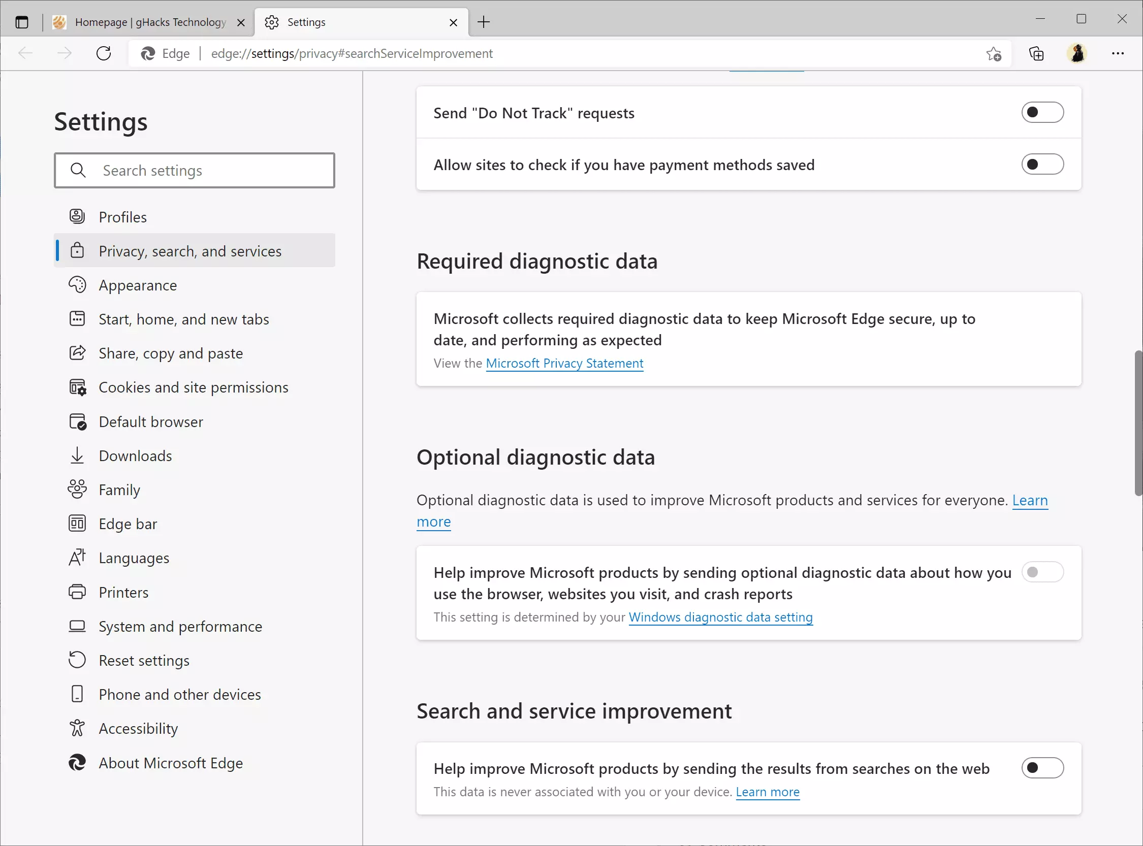 Recopilación de datos de busca de microsoft edge