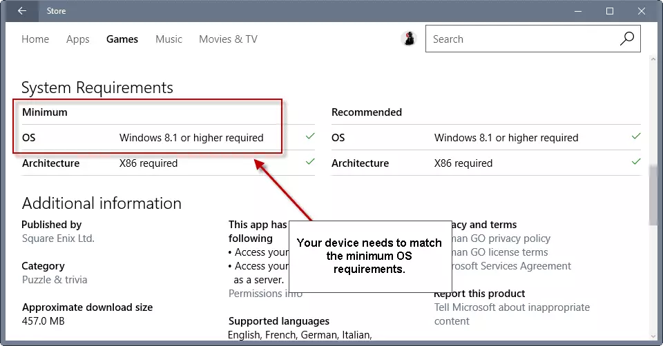 minimální požadavky na operační systém Windows Store