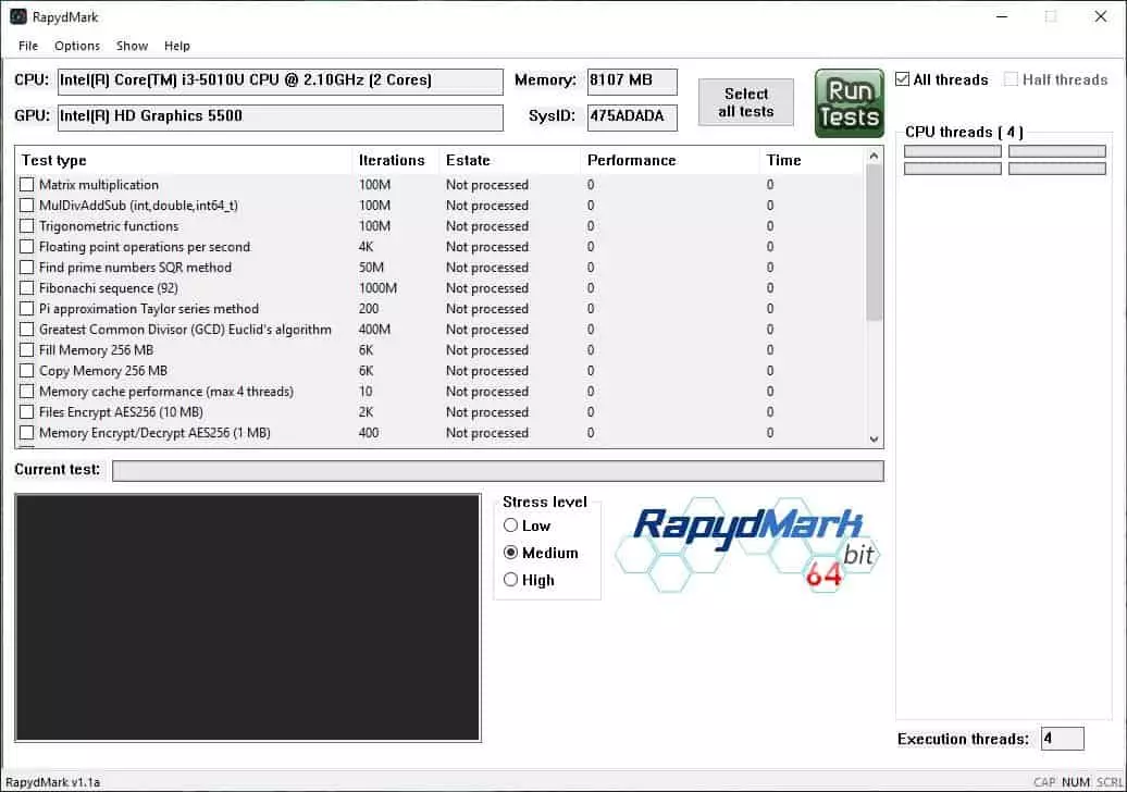 RapydMark — портативный инструмент для тестирования производительности Windows.