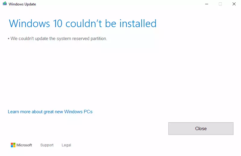 Windows 10 kunde inte installeras