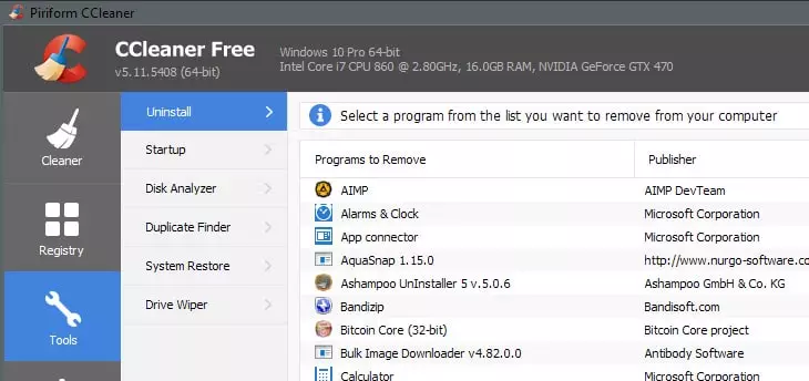 ccleaner odinstalace aplikací