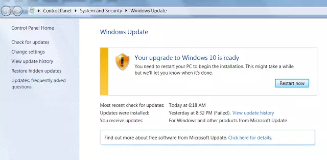 Windows 10 પર અપગ્રેડ કરો તૈયાર છે