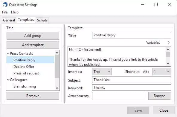 Hinahayaan ka ng Quicktext para sa Thunderbird na lumikha ng mga template ng email at idagdag ang mga ito sa iyong mga email sa ilang segundo