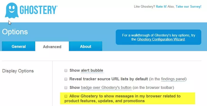 Ghostery Promotiounen Opt-out