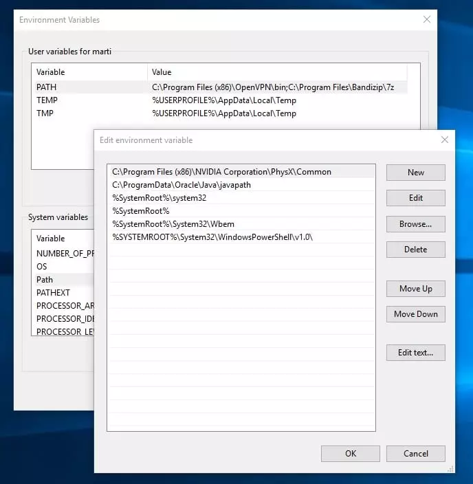 Windows 10 nuovo editor di variabili d'ambiente