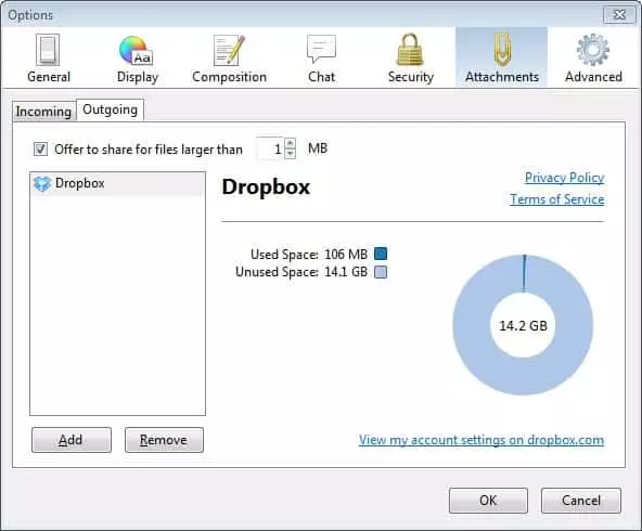 Mozilli Thunderbird dodajte poskusno podporo za Dropbox