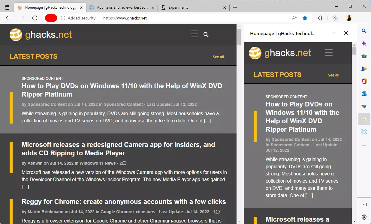 Microsoft Edge: pridėkite ir parodykite svetaines šoninėje juostoje