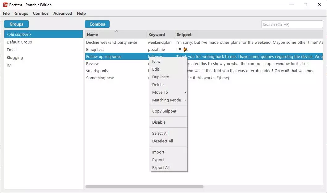 Beeftext teksuitbreidingsinstrument vir Windows