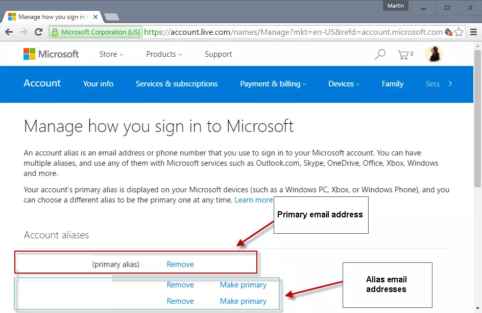 Microsoft account primary