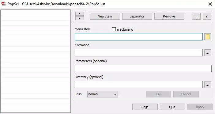 Popsel configuration window