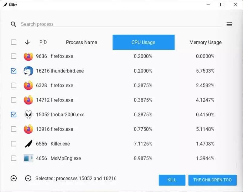 Killer är en Task Manager med öppen källkod som låter dig avsluta flera uppgifter samtidigt