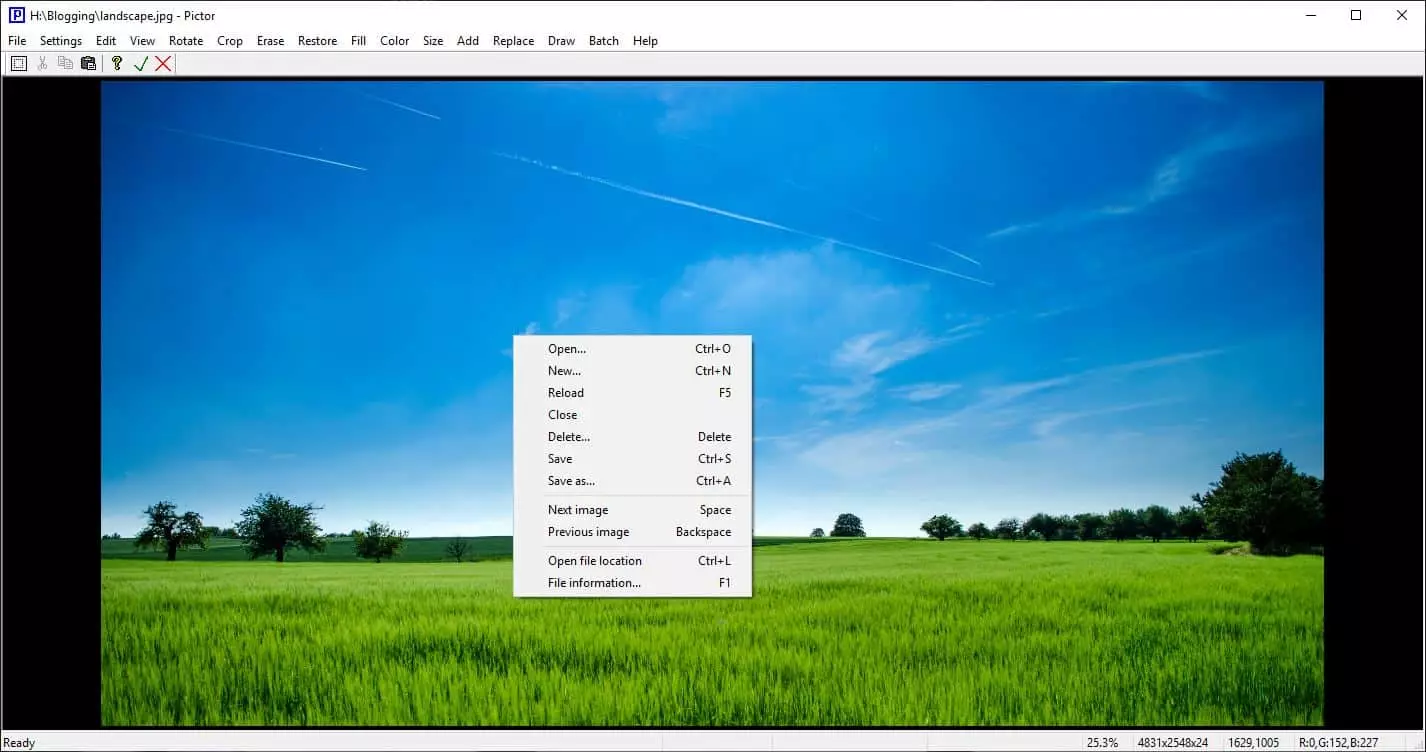Pictor é un editor de imaxes gratuíto con moitas opcións, filtros e ferramentas de procesamento por lotes.