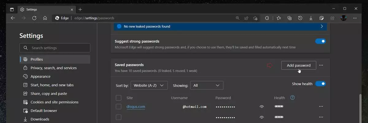Microsoft Edge přidat hesla ručně