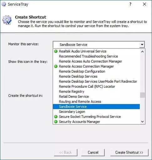 ServiceTray välj en Windows-tjänst