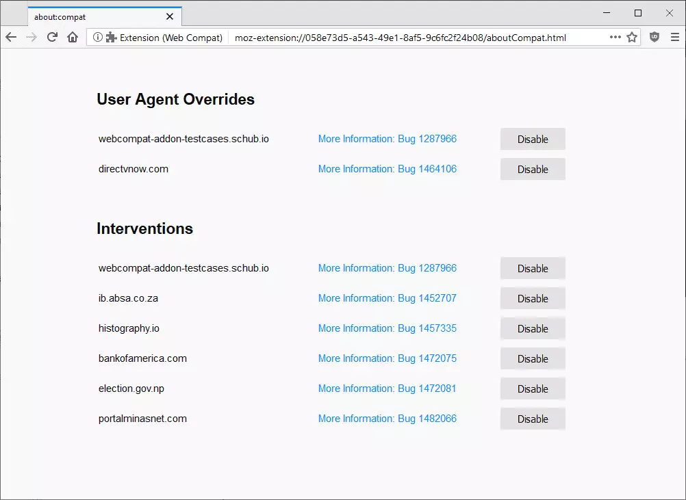 फायरफॉक्स वेब कॉम्पॅट हस्तक्षेप ओव्हरराइड करते