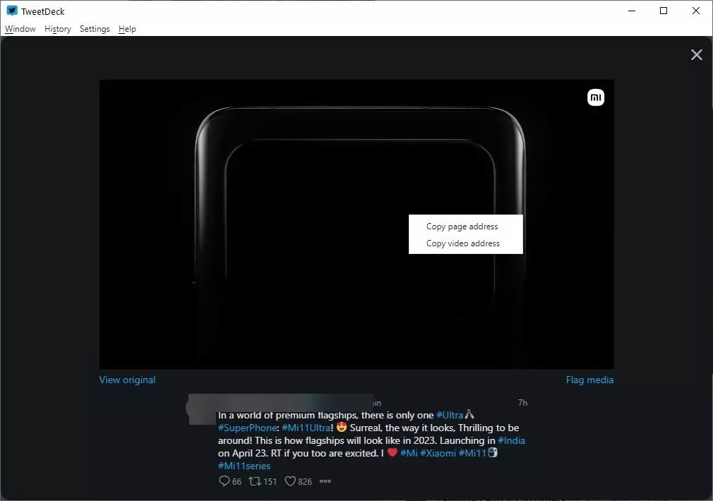 Menu kontekstowe wideo Atomic TweetDeck