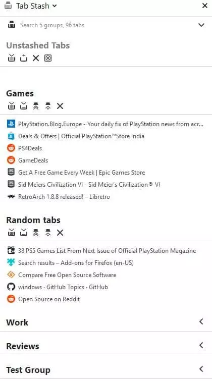 Interface utilisateur de la barre latérale Tab Stash