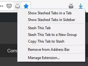 Tab Stash хаягийн мөрний товчлуурын цэс