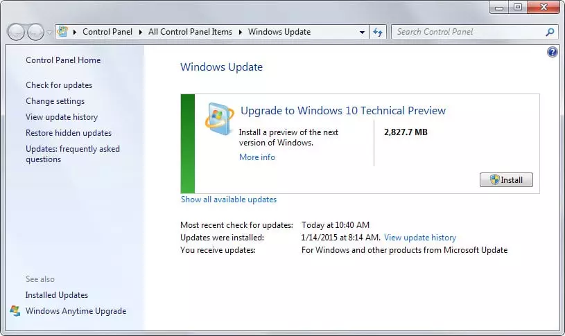 升级到 windows10 windows update