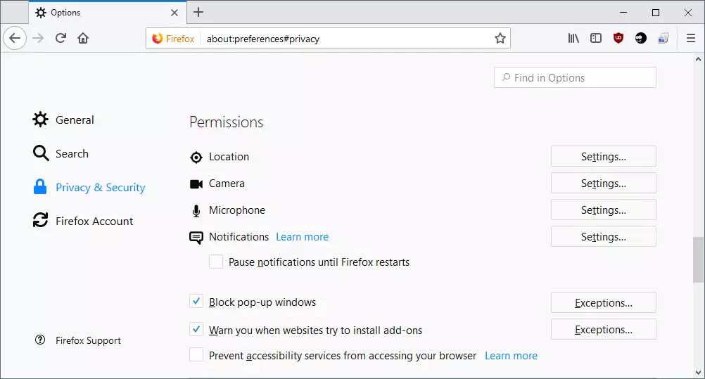 फ़ायरफ़ॉक्स अनुमतियाँ गोपनीयता