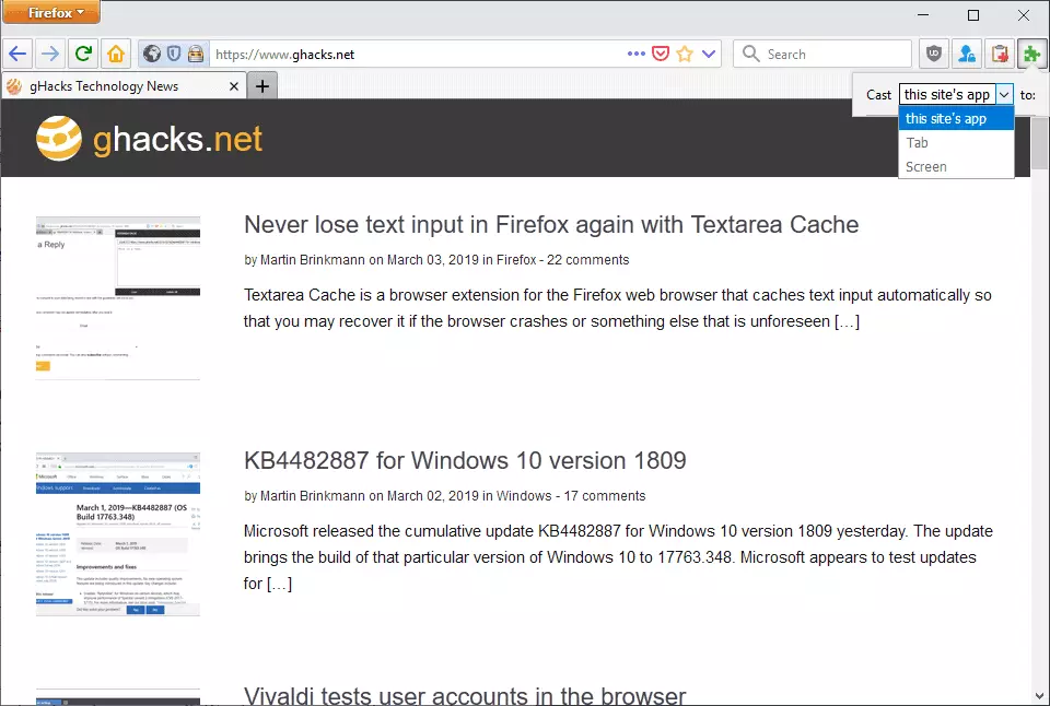 fx_cast donosi Chromecast streaming u Firefox (rani izgled)