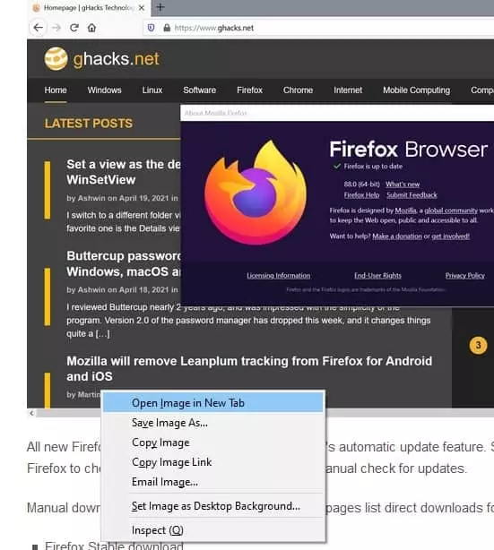 Firefox 88 ಹೊಸ ಟ್ಯಾಬ್ನಲ್ಲಿ ಚಿತ್ರವನ್ನು ತೆರೆಯಿರಿ