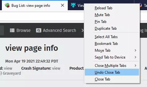 Firefox 87 Anulați fila închisă - meniul contextual al barei de file