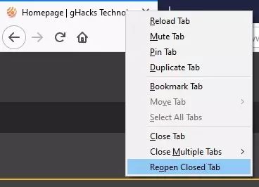 Firefox 88 Redeschideți fila închisă - meniul contextual din bara de file