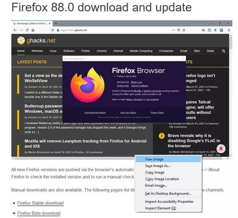 Firefox 87 Суретті қарау контекстік мәзірі