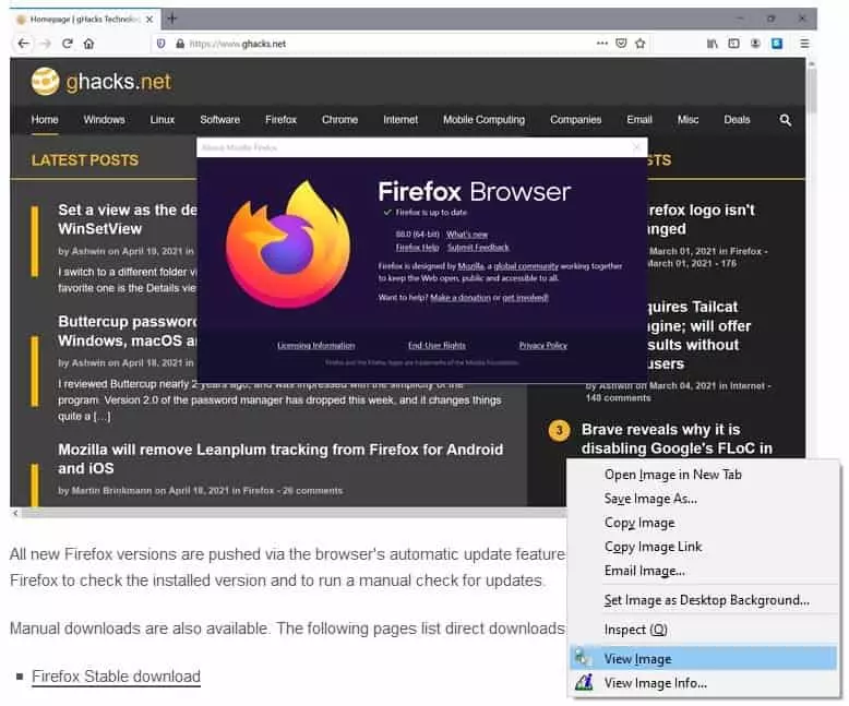 Firefox 88 fa'aopoopoga e mafai ai ona va'ai Ata ma Va'ai Ata Fa'amatalaga