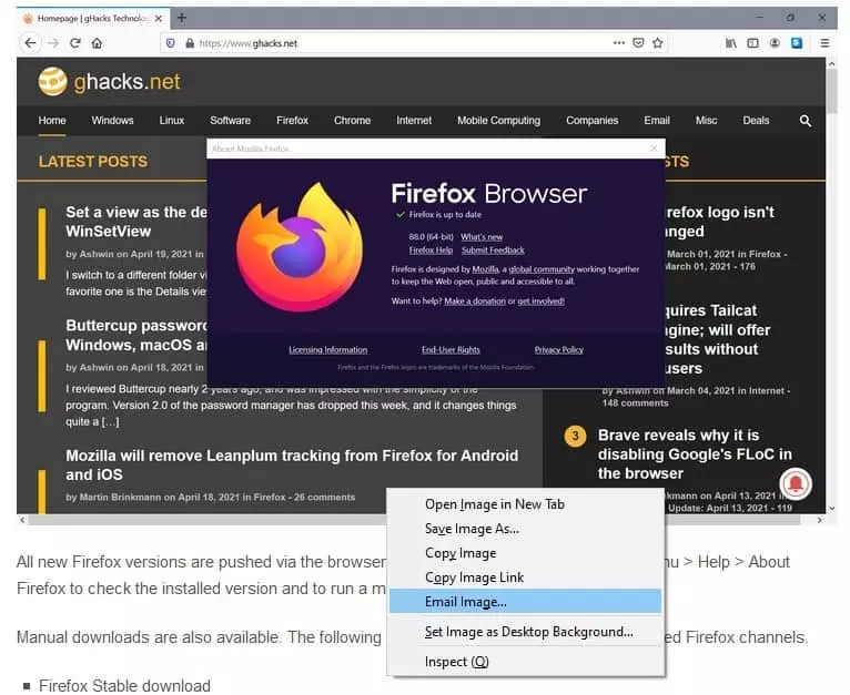 Isinqamuleli semenyu yokuqukethwe kwe-imeyili ye-Firefox 88