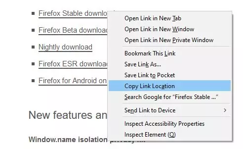 Firefox 87 কপি লিঙ্ক অবস্থান প্রসঙ্গ মেনু