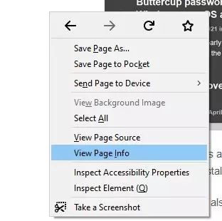 Firefox 87 ಪುಟ ಮಾಹಿತಿಯ ಸಂದರ್ಭ ಮೆನುವನ್ನು ವೀಕ್ಷಿಸಿ