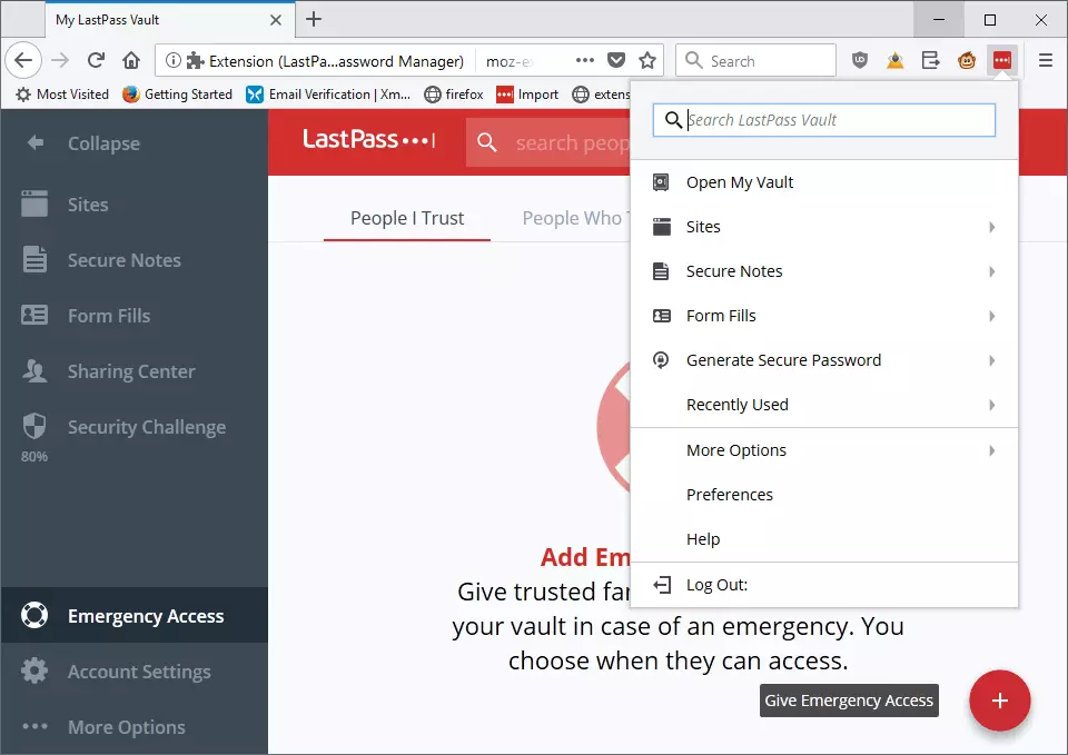 Lastpass password manager vault ເມນູ