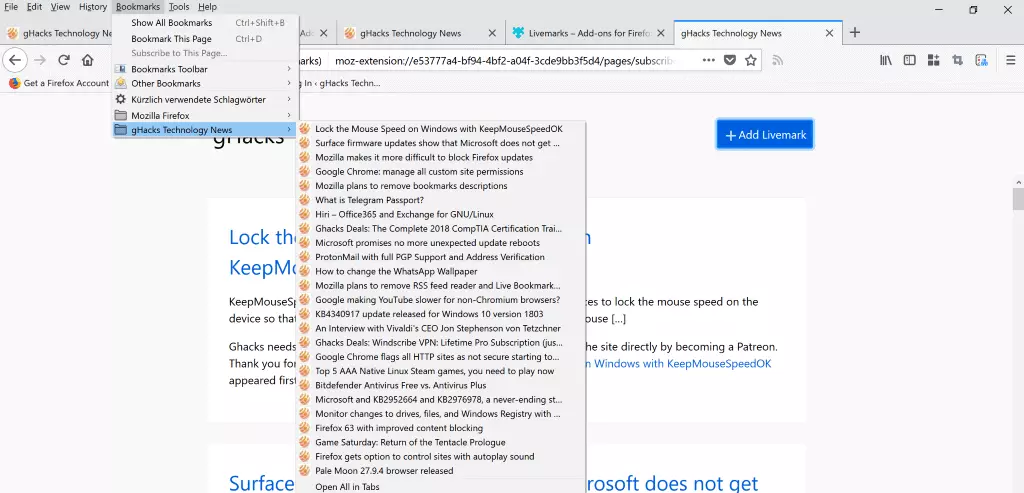 Livemarks waxay soo celisaa taageerada Bookmarks Live ee Firefox