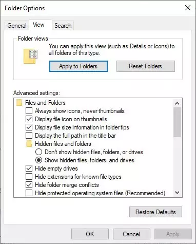 Ua setiina le Windows Explorer e pei o se vaaiga masani