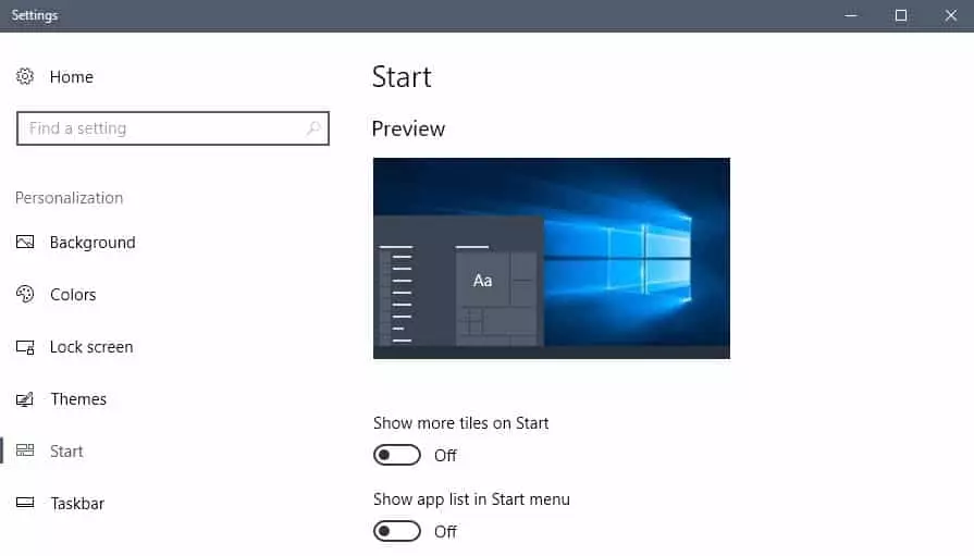 dostosuj start Windows 10