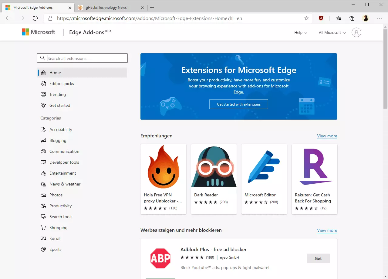 Microsoft Edge add-ons store